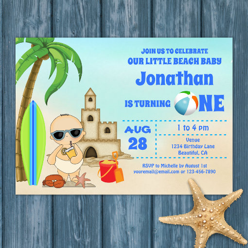 Boy Beach Baby Surfboard 1st Birthday PHOTO Invitation | Zazzle