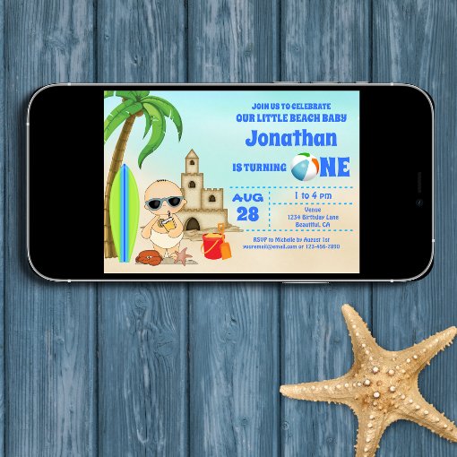 Boy Beach Baby Surfboard 1st Birthday PHOTO Invitation | Zazzle