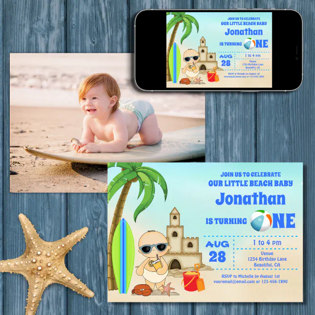 Boy Beach Baby Surfboard 1st Birthday PHOTO Invitation | Zazzle