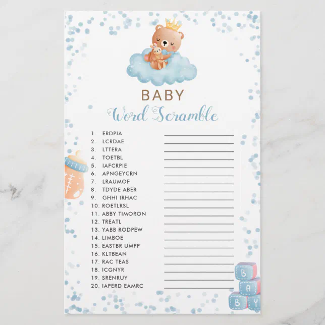 Boy Bear Blue Baby Word Scramble Shower Game | Zazzle