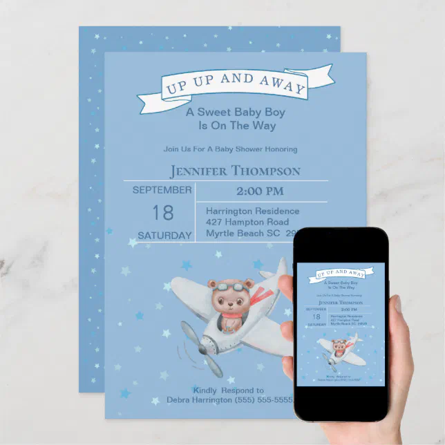 Boy Bear Pilot Airplane Baby Shower Invitation | Zazzle