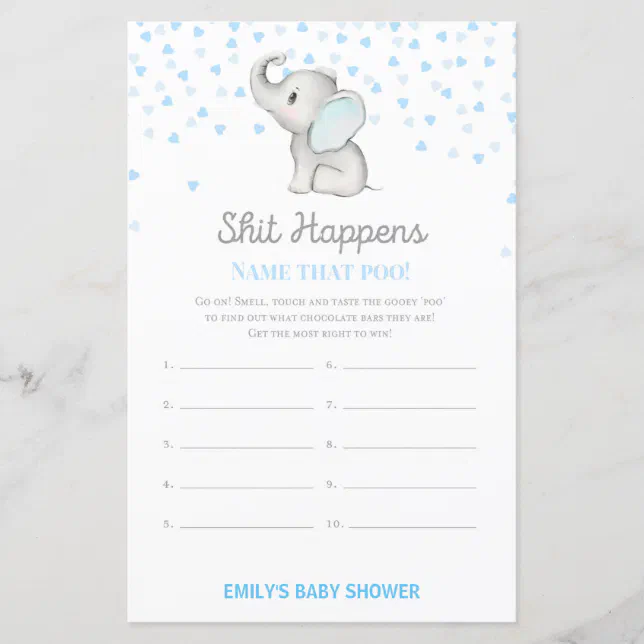 Boy Blue Elephant Baby Shower Game PRINTED | Zazzle