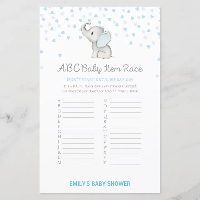 Boy Blue Elephant Baby Shower Game PRINTED | Zazzle