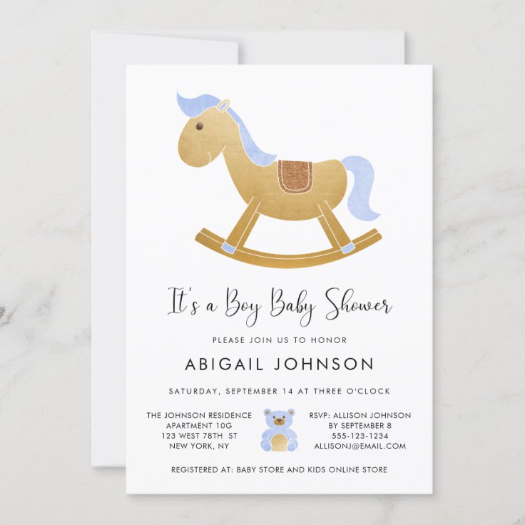 Boy Blue Gold Retro Rocking Horse Baby Shower Invitation | Zazzle