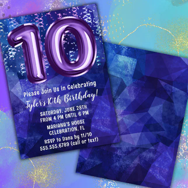 Boy Blue Purple 10th Birthday Invitation | Zazzle