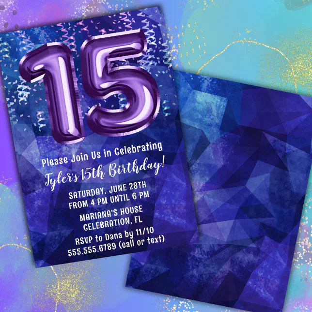 Boy Blue Purple 15th Birthday Invitation | Zazzle