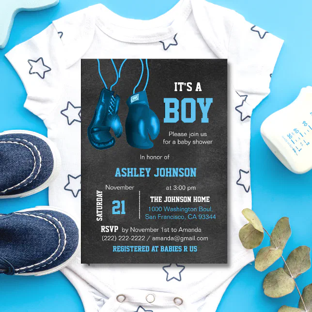 Boy Boxing Gloves Blue Baby Shower Invitations | Zazzle