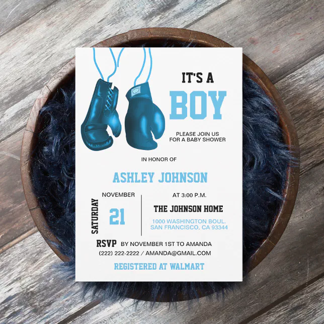 Boy Boxing Gloves Blue Baby Shower Invitations | Zazzle