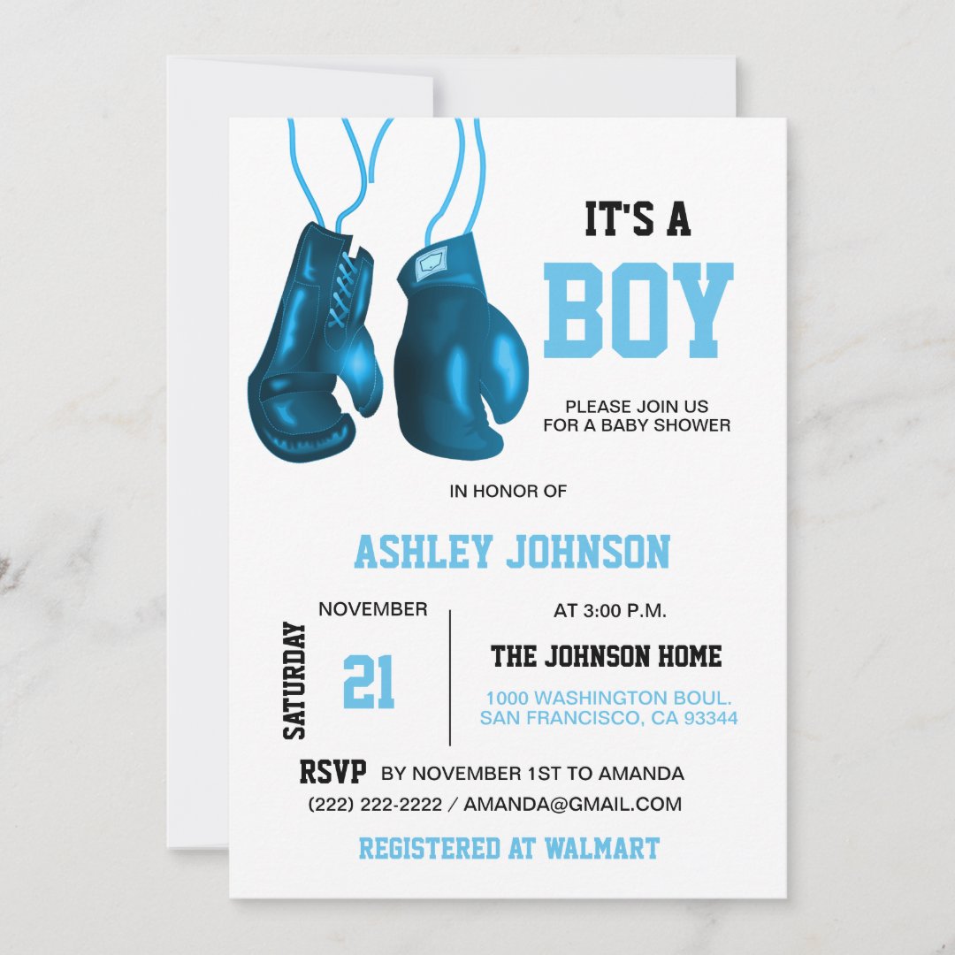 Boy Boxing Gloves Blue Baby Shower Invitations | Zazzle