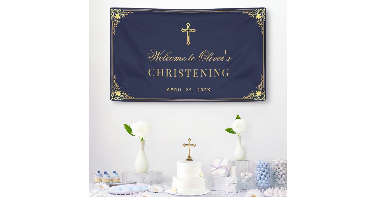 Boy Christening Navy Blue Gold Vintage Baptism Banner | Zazzle