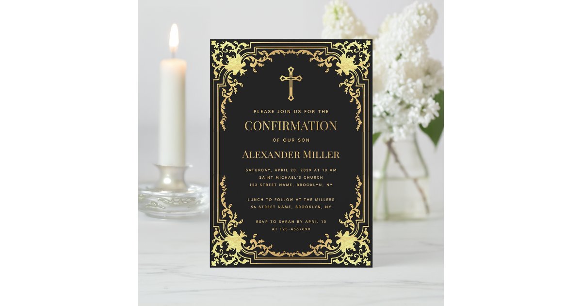 Boy Confirmation Black Faux Gold Vintage Elegant Invitation | Zazzle