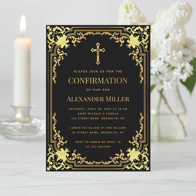 Boy Confirmation Black Faux Gold Vintage Elegant Invitation | Zazzle