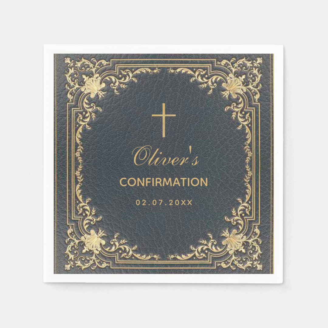 Boy Confirmation Blue Elegant Vintage Calligraphy Napkins | Zazzle