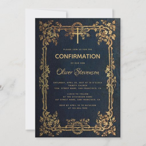 Boy Confirmation Blue Gold Leaves & Cross Vintage Invitation | Zazzle