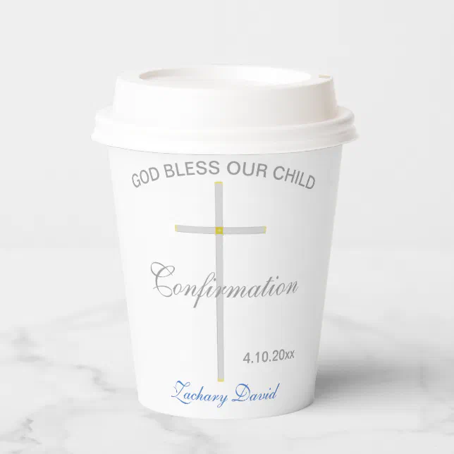 Boy Confirmation Blue Name Silver Gold Cross Paper Cups | Zazzle