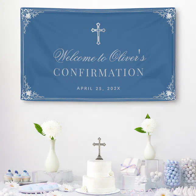 Boy Confirmation Classic Blue Vintage Faux Silver Banner | Zazzle