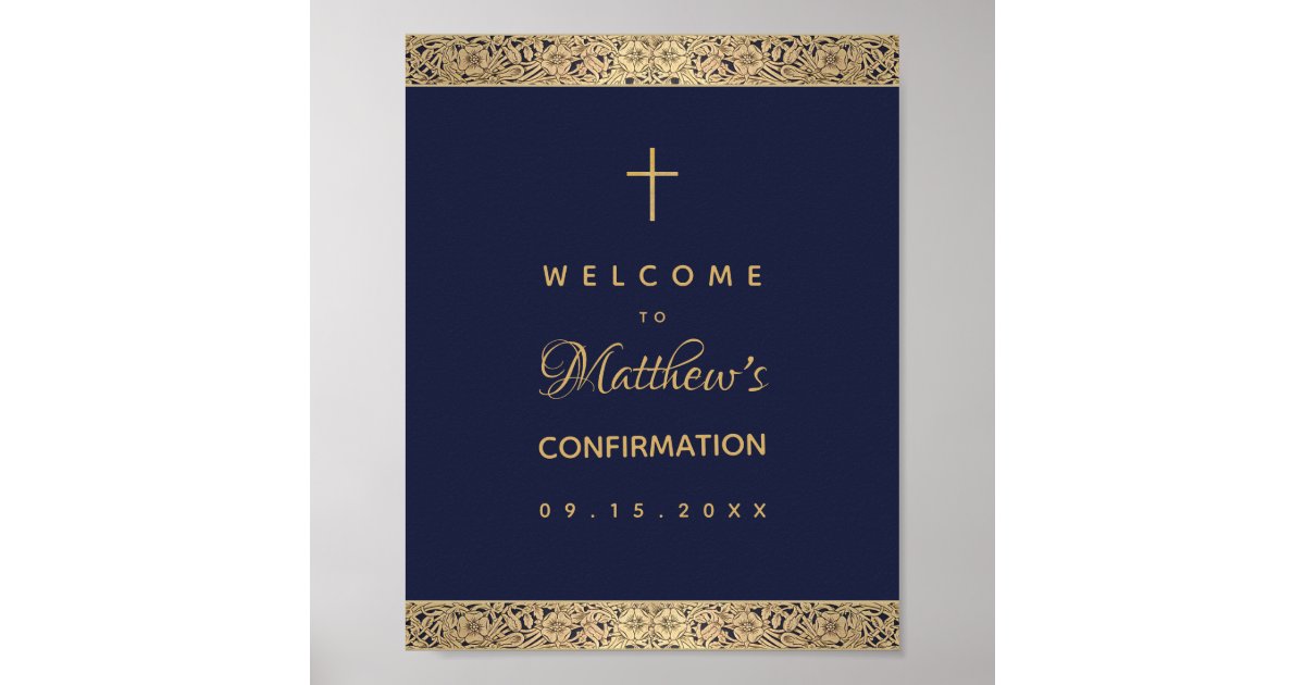 Boy Confirmation Navy Blue Gold Roses Welcome Poster | Zazzle