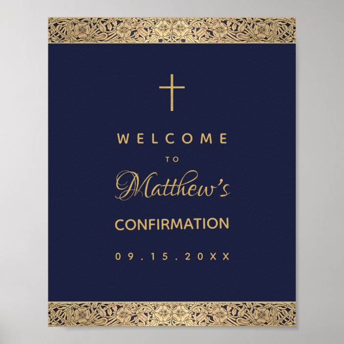 Boy Confirmation Navy Blue Gold Roses Welcome Poster | Zazzle.com