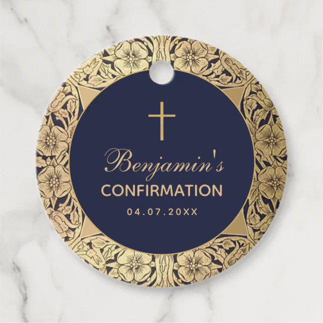 Boy Confirmation Navy Blue Vintage Gold Roses Favor Tags | Zazzle