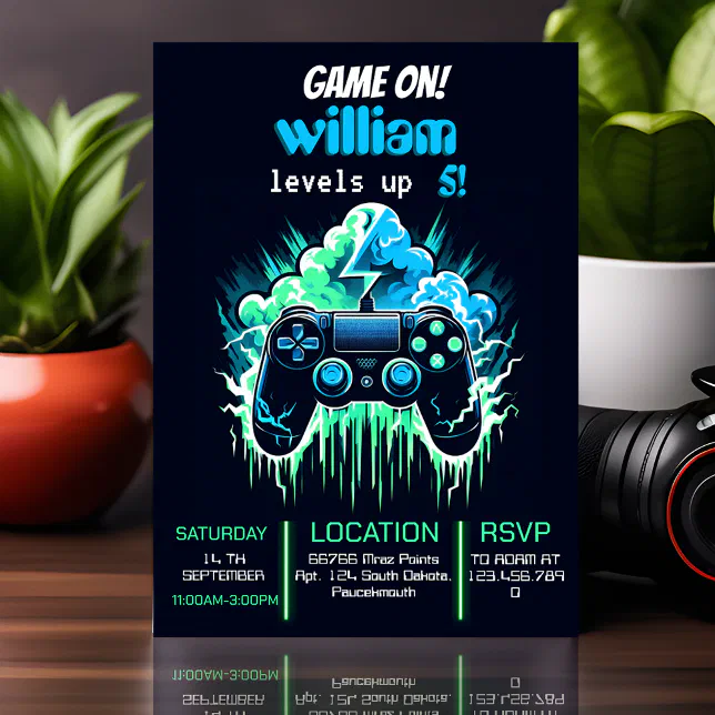 boy cool kids gaming level up 5th birthday invitation | Zazzle