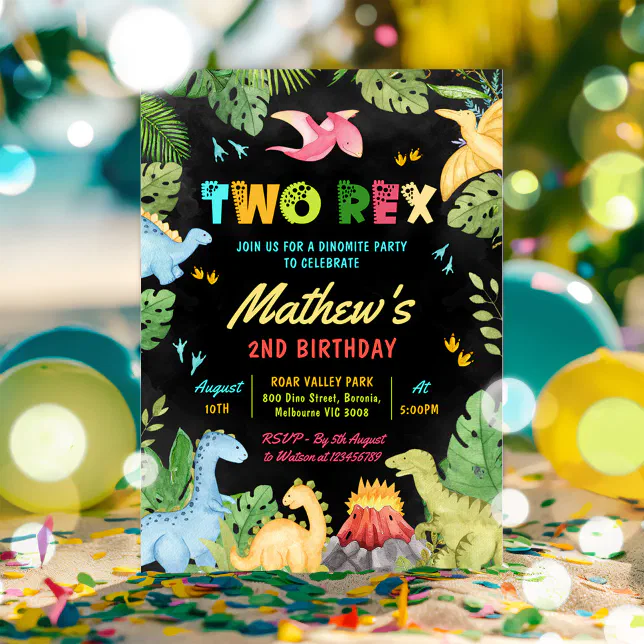 Boy Dinosaur Two Rex 2nd Birthday Party Invitation | Zazzle