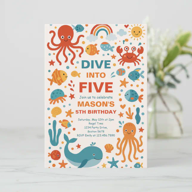 Boy Dive Into Five 5th Birthday Party Invitation | Zazzle