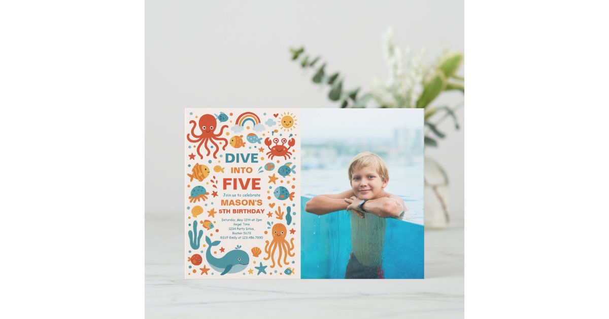 Boy Dive Into Five 5th Birthday Party Photo Invitation | Zazzle
