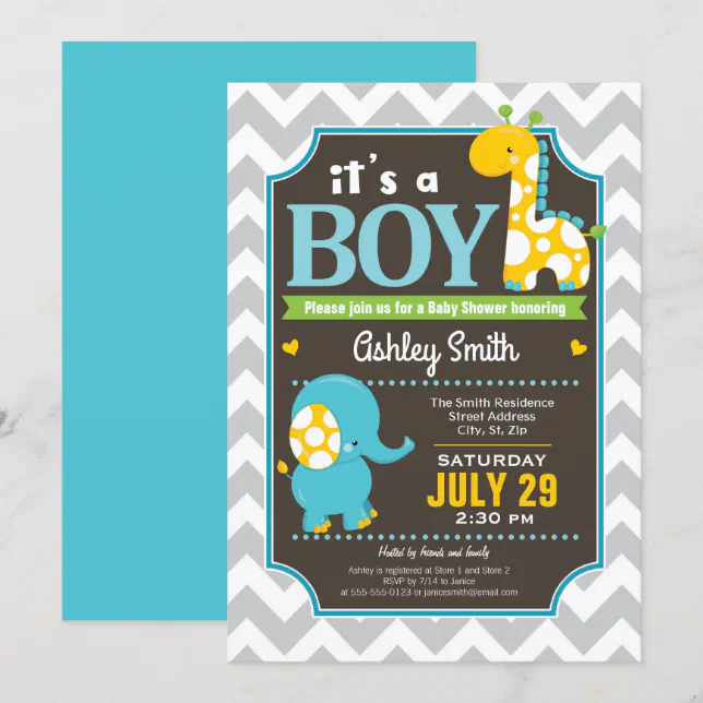 Boy Elephant and Giraffe Baby Shower Invitation | Zazzle