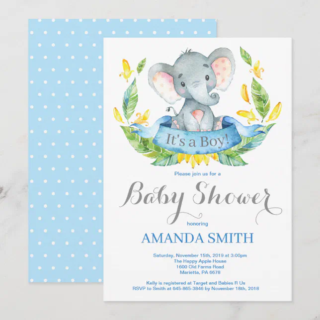 Boy Elephant Baby Shower Invitation Blue and Gray | Zazzle