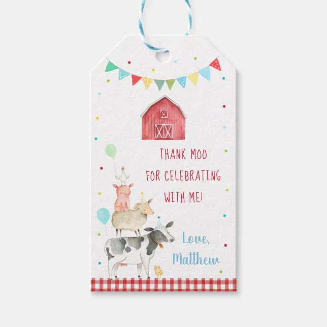 Boy Farm Barnyard Birthday Thank Moo Gift Tags | Zazzle