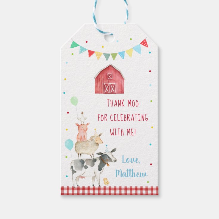 Boy Farm Barnyard Birthday Thank Moo Gift Tags | Zazzle