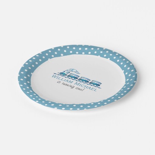 Boy First Birthday Blue Trains Paper Plates | Zazzle