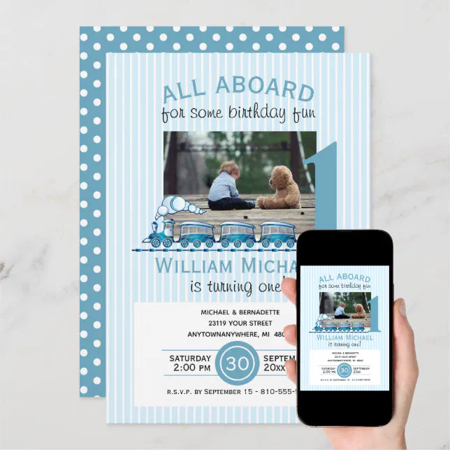 Boy First Birthday Blue Trains Photo Invitation | Zazzle