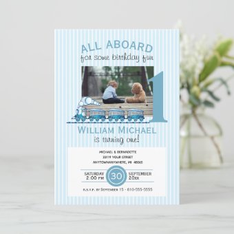 Boy First Birthday Blue Trains Photo Invitation | Zazzle