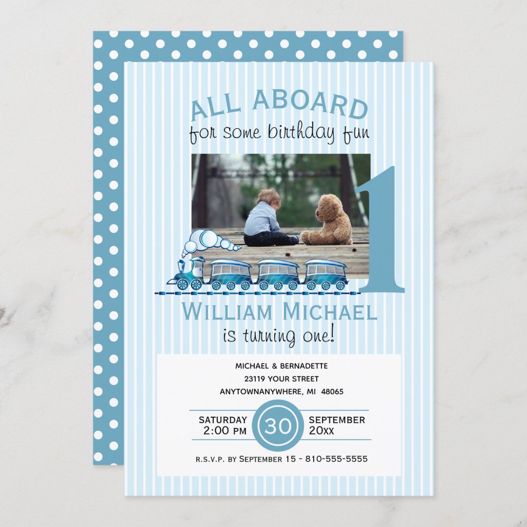 Boy First Birthday Blue Trains Photo Invitation | Zazzle