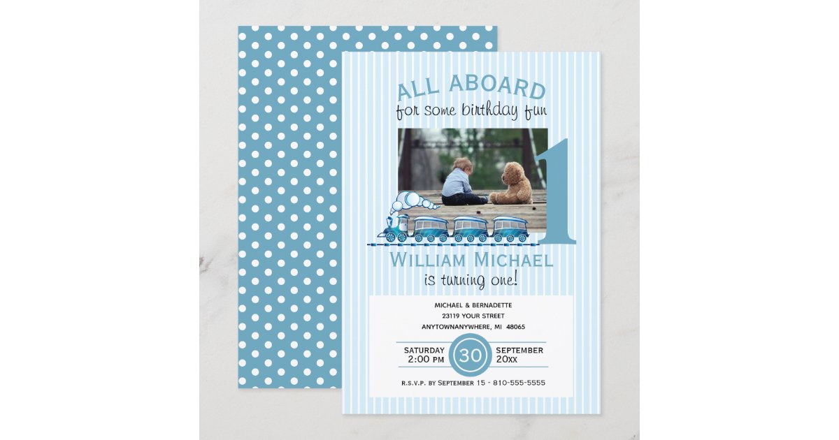 Boy First Birthday Blue Trains Photo Invitation | Zazzle