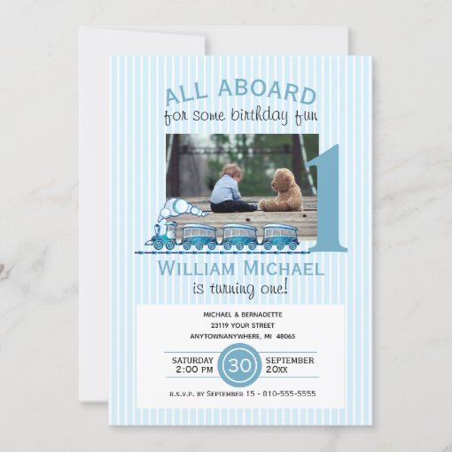 Boy First Birthday Blue Trains Photo Invitation | Zazzle