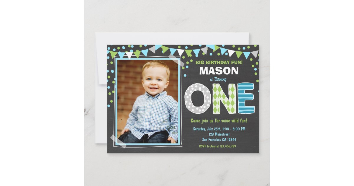 Boy First Birthday Chalkboard Invitation | Zazzle