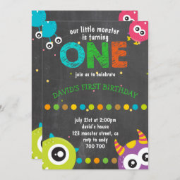Boy First Birthday Chalkboard Monsters Cute Invitation | Zazzle