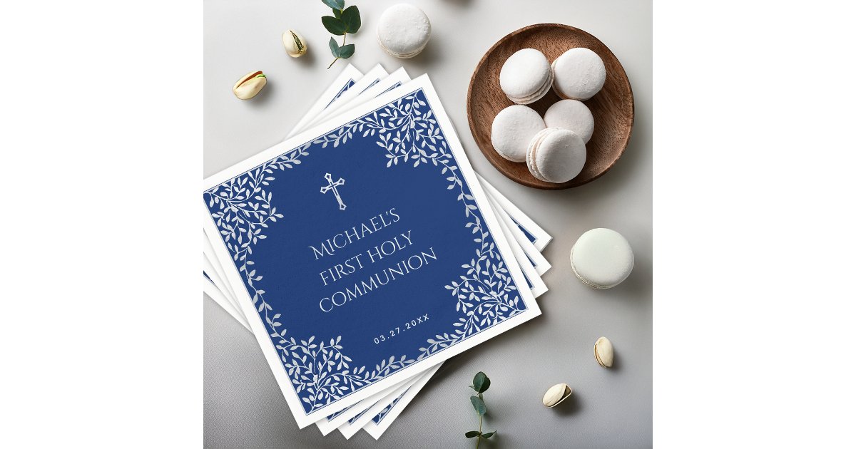 Boy First Communion Royal Blue Silver Leaves Cross Napkins | Zazzle