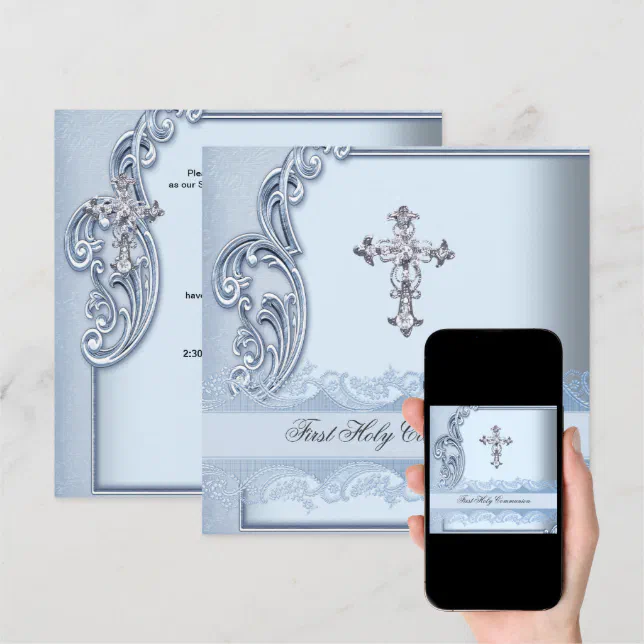 Boy First Holy Communion Blue Confirmation 2 Invitation | Zazzle