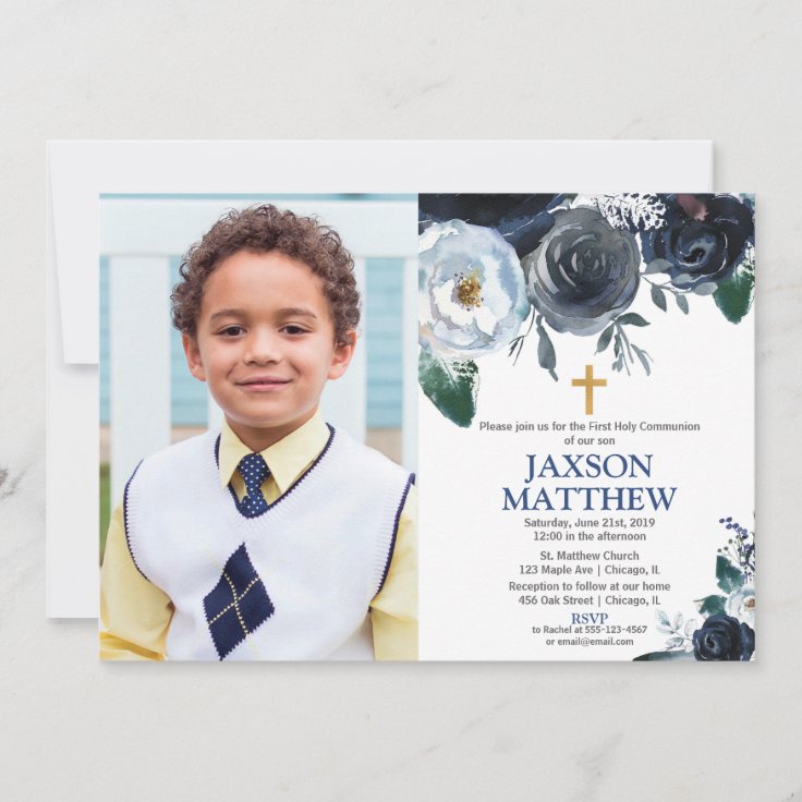 Boy First Holy Communion blue floral photo Invitation | Zazzle