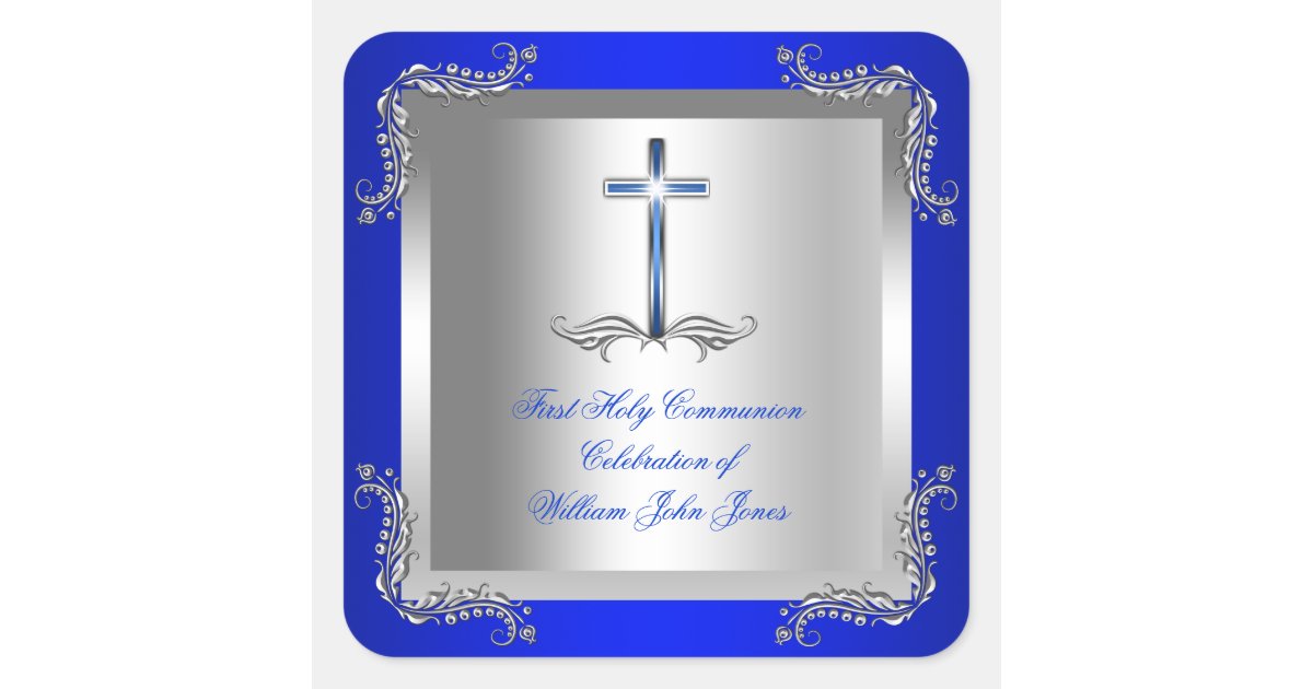 Boy First Holy Communion Silver Royal Blue 2T Square Sticker | Zazzle