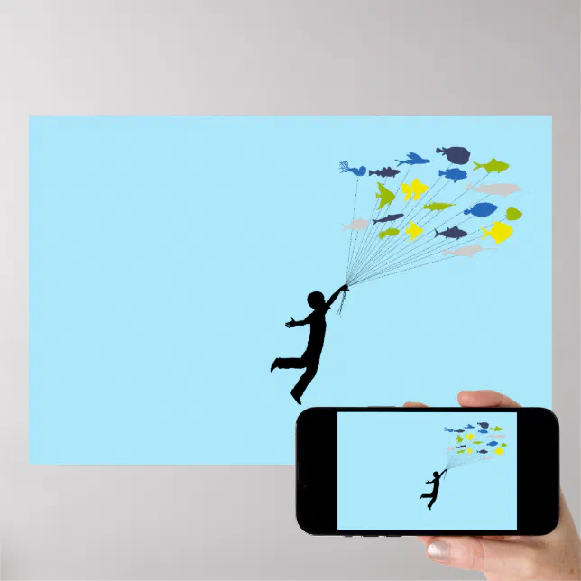Boy Floating Away Holding Tropical Fish Balloons Poster | Zazzle