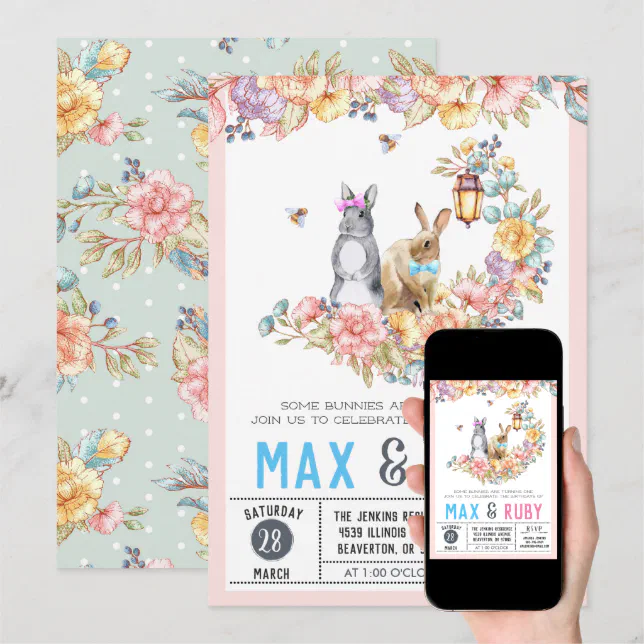 Boy & Girl Little Bunny Spring Birthday Invitation | Zazzle