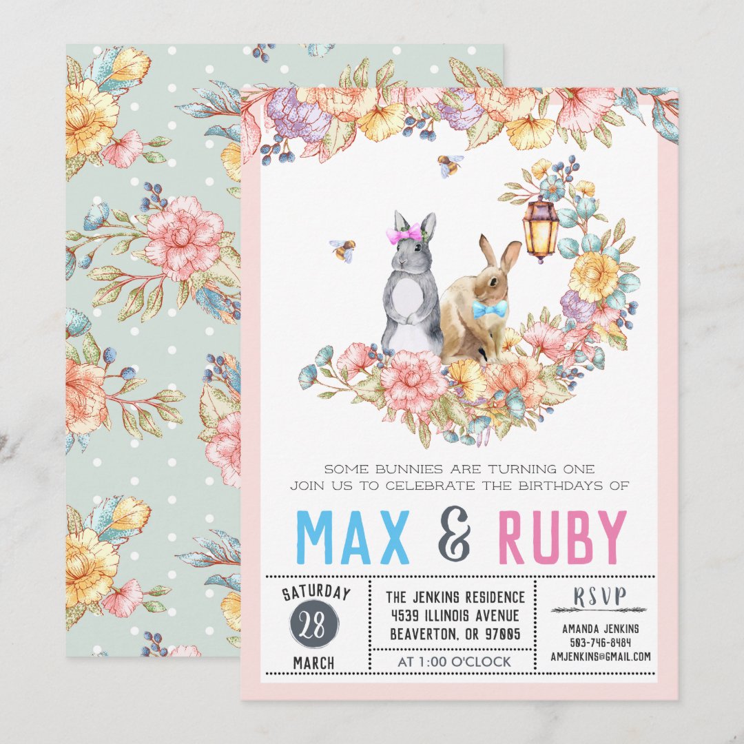 Boy & Girl Little Bunny Spring Birthday Invitation | Zazzle