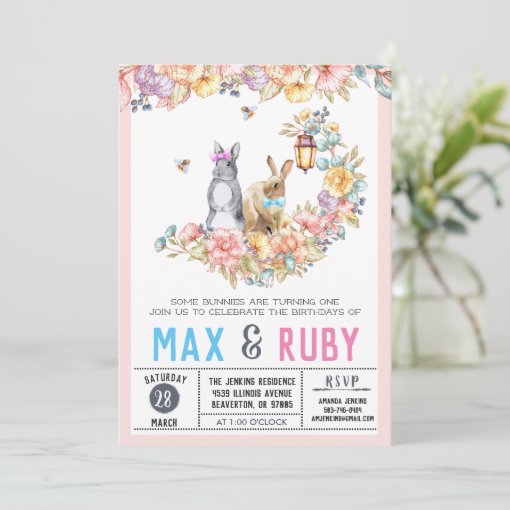 Boy & Girl Little Bunny Spring Birthday Invitation | Zazzle