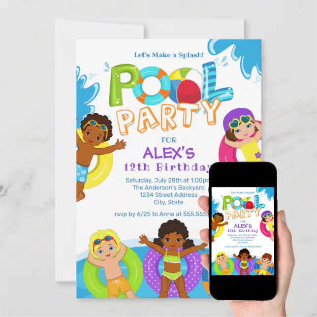 Boy Girl Pool Party 12th Birthday Invitation | Zazzle