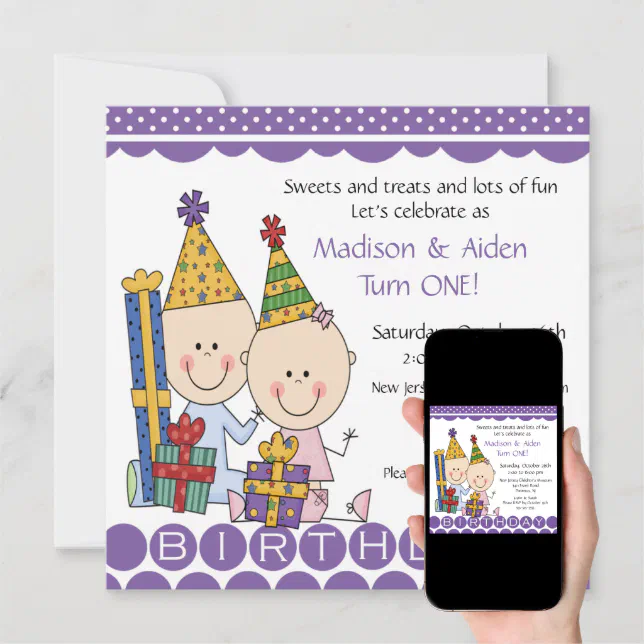 Boy & Girl Stick Figure Twins Birthday Invitation | Zazzle
