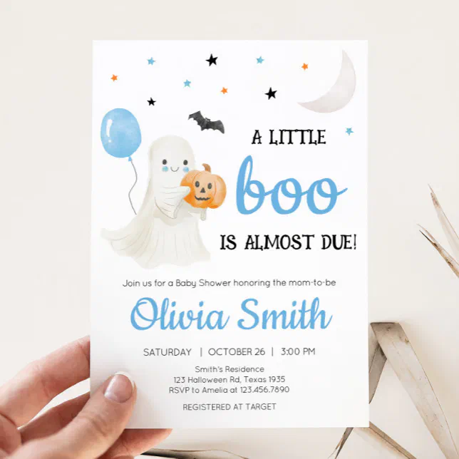 Boy Halloween Little Boo is Almost Due Baby Shower Invitation | Zazzle